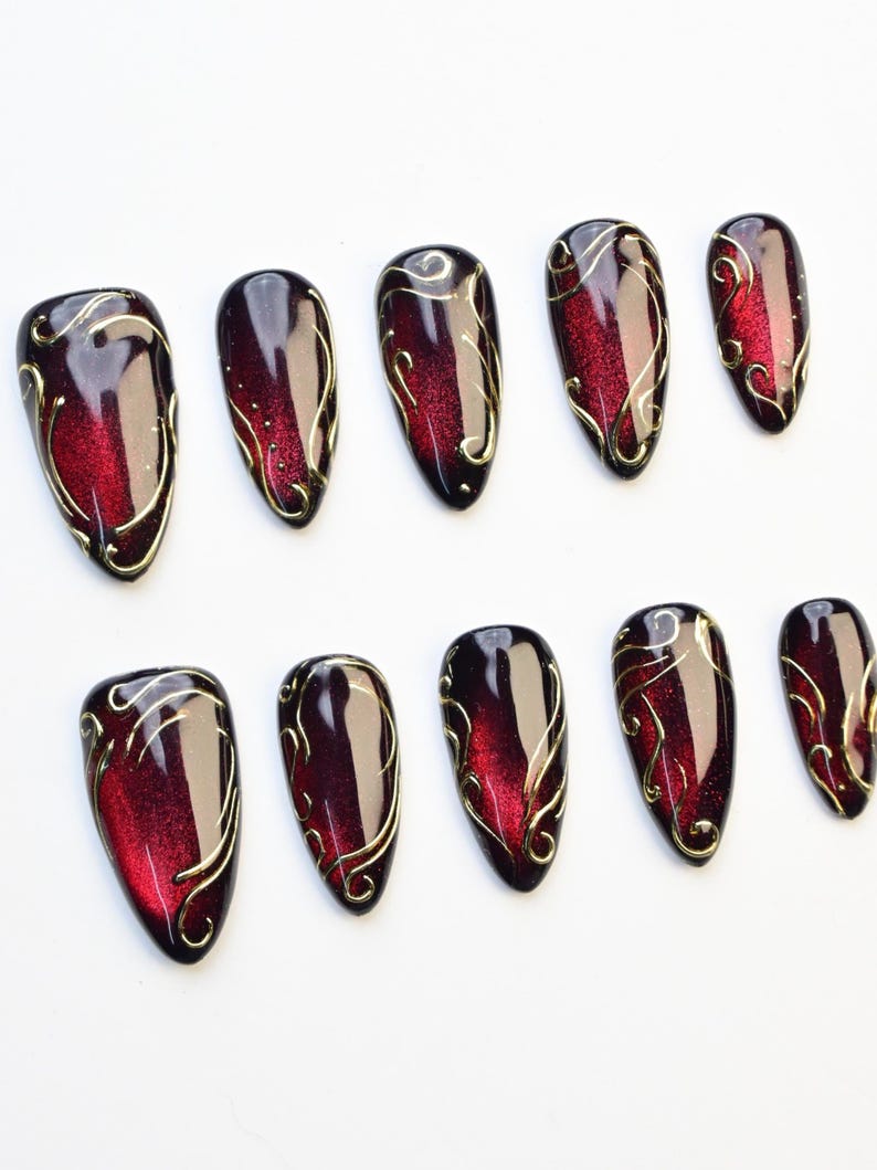 Almond Red Black Acrylic Nails, Wine Red Gothic Nails With Gold Lines ...