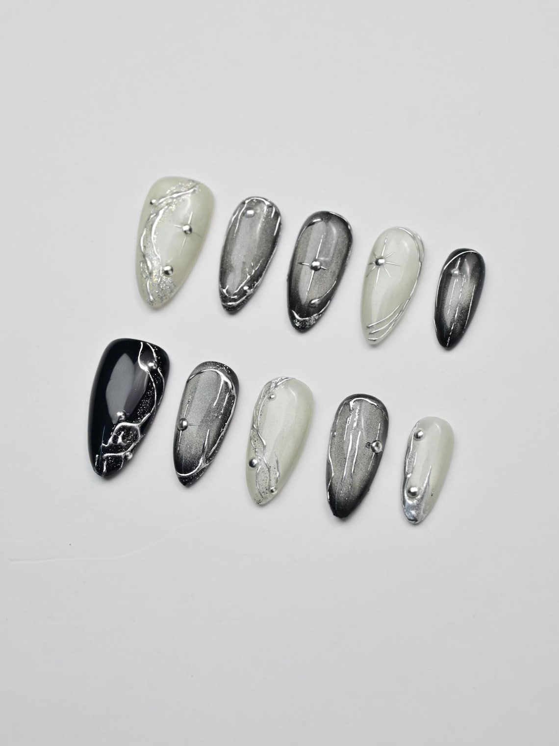 Liquid Metal Nails/silver Star Nails/black Cat Eye Nails/galaxy Gel ...