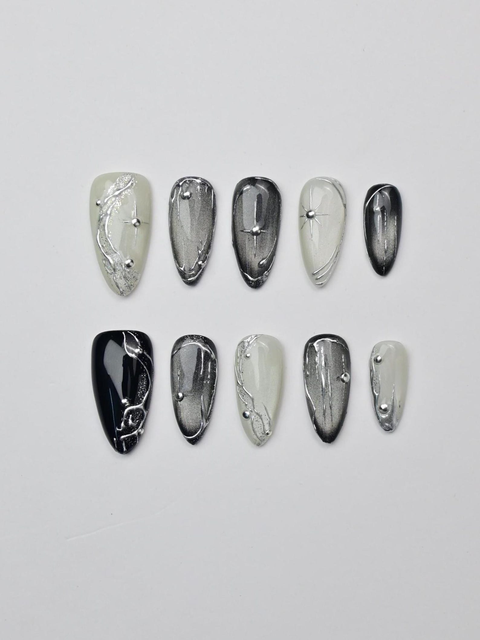 Liquid Metal Nails/silver Star Nails/black Cat Eye Nails/galaxy Gel ...