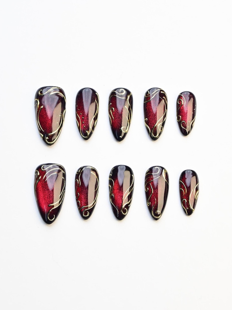 Almond Red Black Acrylic Nails, Wine Red Gothic Nails With Gold Lines ...