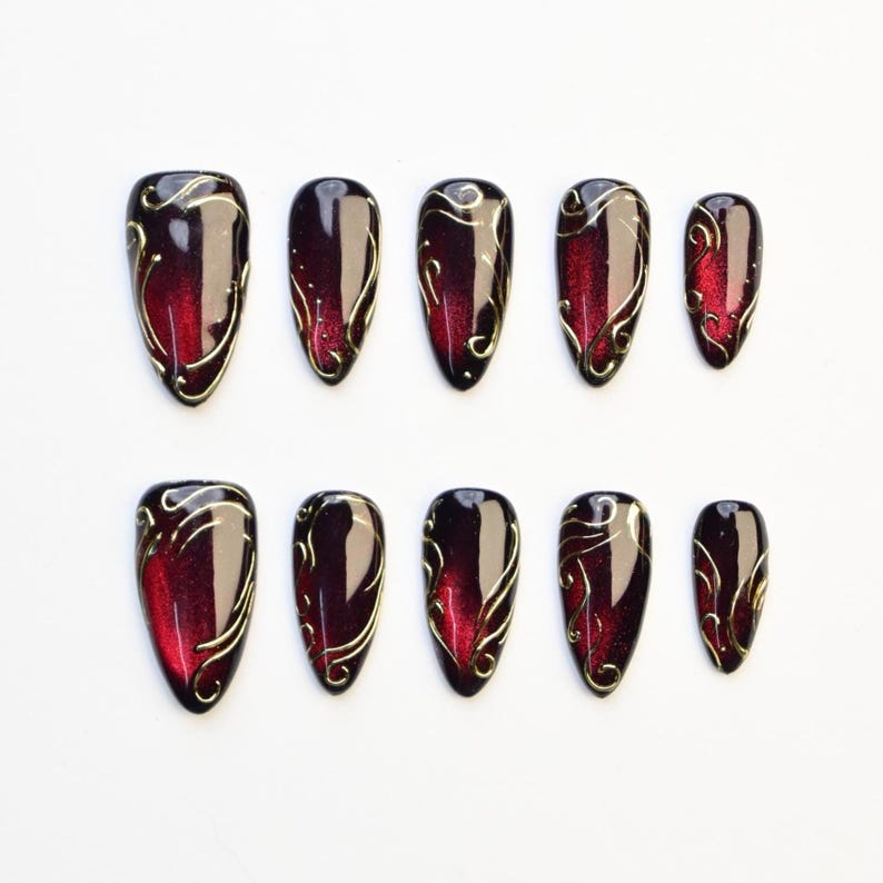 Almond Red Black Acrylic Nails, Wine Red Gothic Nails With Gold Lines ...