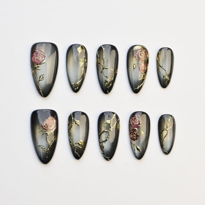 Black Rose Acrylic Nails | Smoky Gradient Nails With Gold Line Art ...
