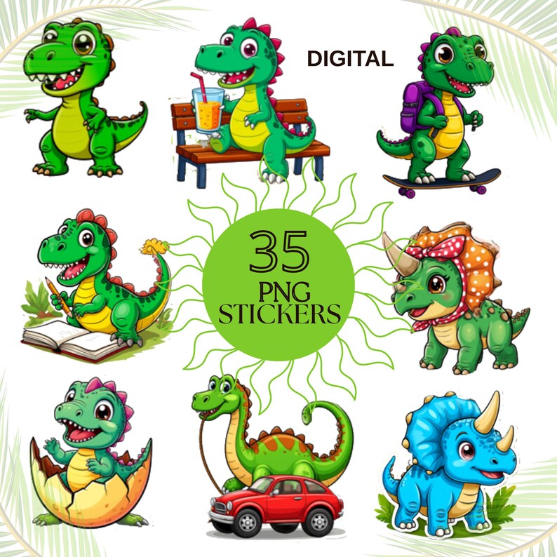 Dinosaur Sticker Bundle – 70 PNG Files | Cute Cartoon & Realistic Dino ...