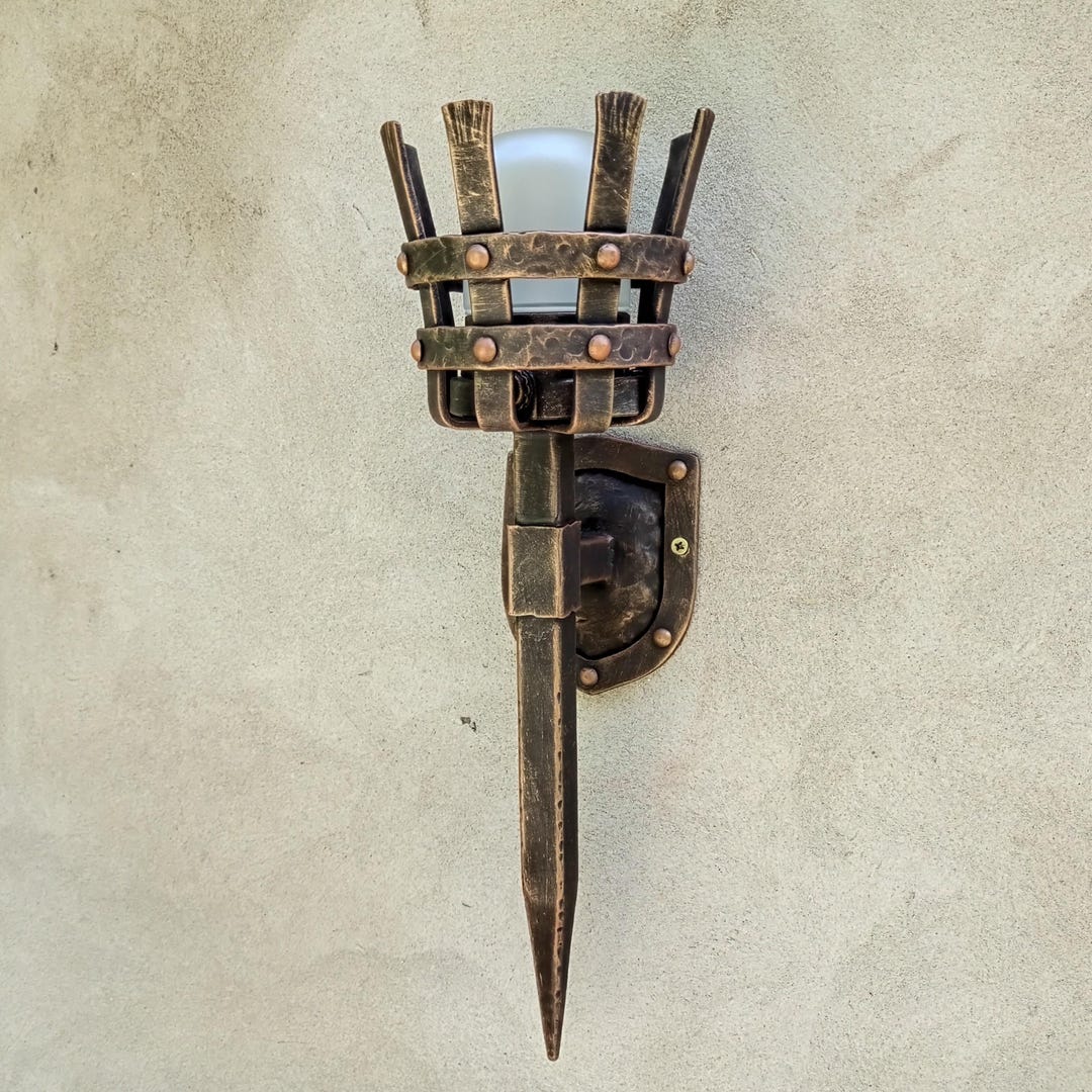 Forged Wall Lamp Medieval Torch Style Rustic Iron Sconce Vintage Bronze ...