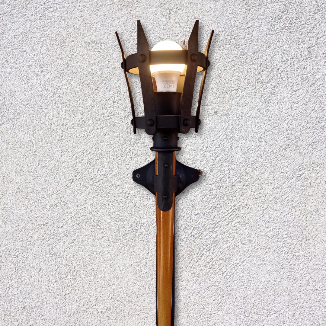 Wrought Iron Lamp Forged Metal Torch Light Fixture Outdoor Metal Decor ...