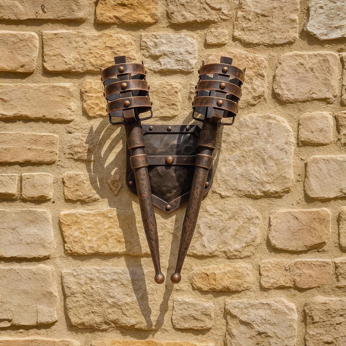 Forged Lamp Wall Torch Sconce Forged Iron Medieval Style Rustic Double ...