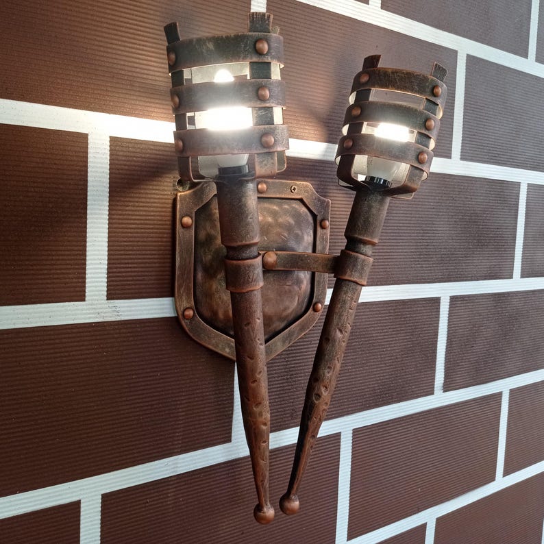 Forged Lamp Wall Torch Sconce Forged Iron Medieval Style Rustic Double ...