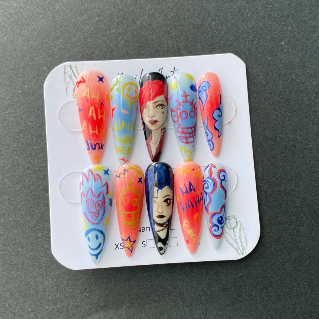 Jinx From Arcane Design Press on Nail/ Long Stiletto Nail/ Hand-drawn ...