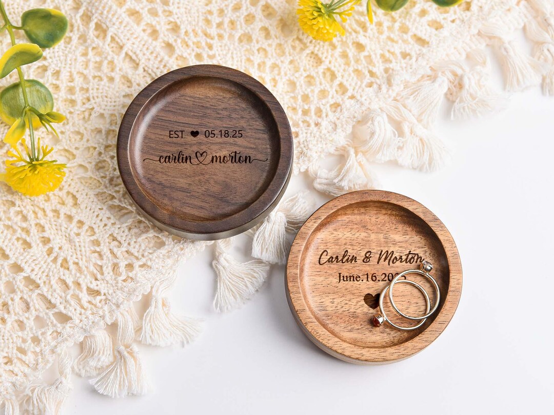 Personalized Wooden Ring Dish, Custom Round Wood Ring Dish, Engagement ...