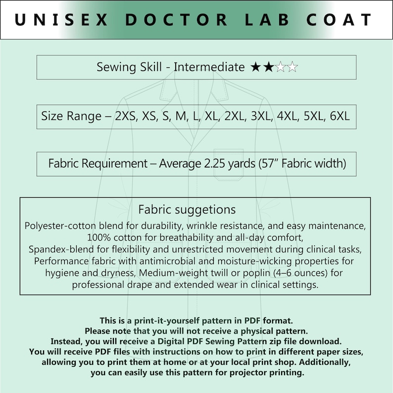Doctor Lab Coat PDF Sewing Pattern | Unisex Medical Coat | Hospital Uniforms Patterns | Home ...