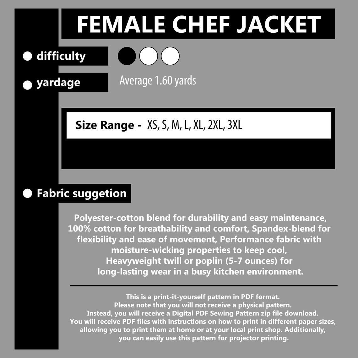 Female Chef Jacket PDF Sewing Pattern | Professional Culinary Uniform ...