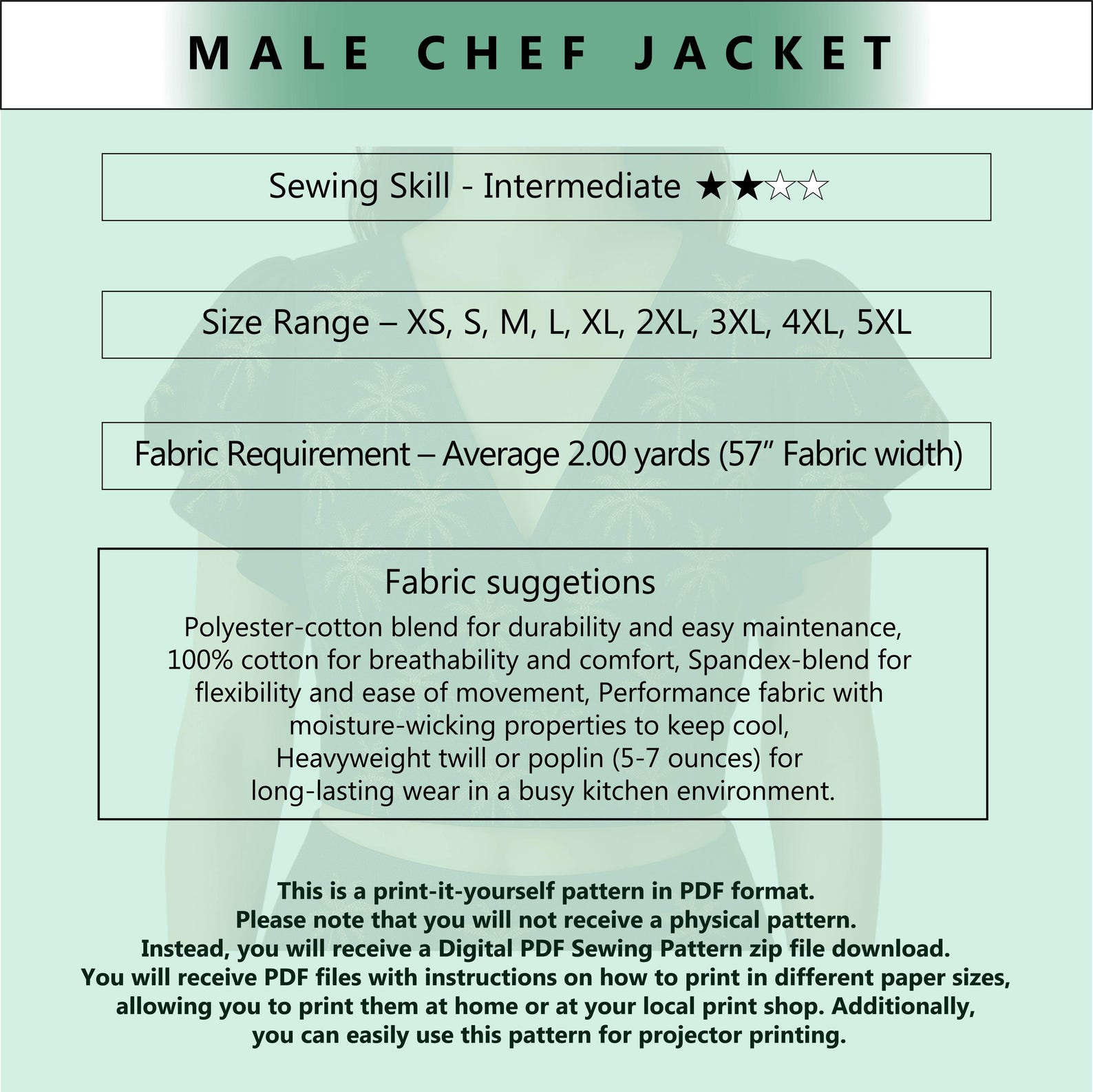 Mens Chef Jacket & Trouser Sewing Pattern | Uniform Workwear | Digital ...