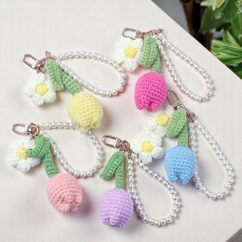 Crochet Tulip Keychain: Handmade Floral Bag Charm With Pearl - Etsy
