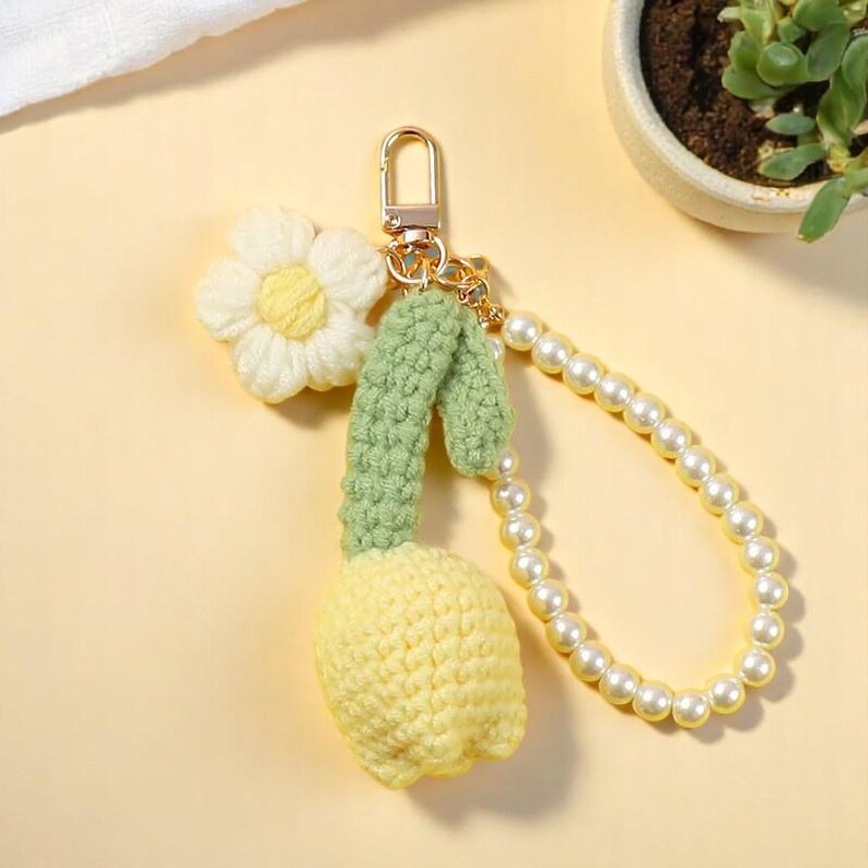 Crochet Tulip Keychain: Handmade Floral Bag Charm With Pearl - Etsy