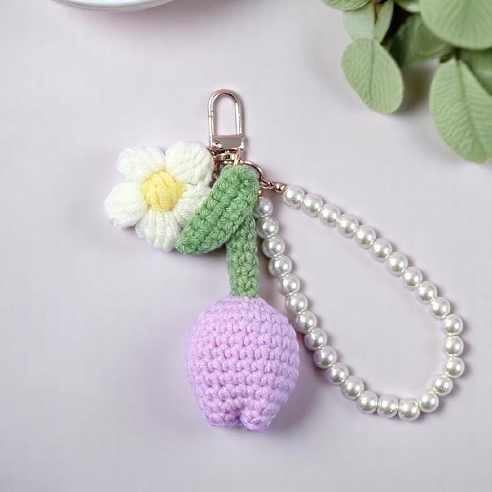 Crochet Tulip Keychain: Handmade Floral Bag Charm With Pearl - Etsy