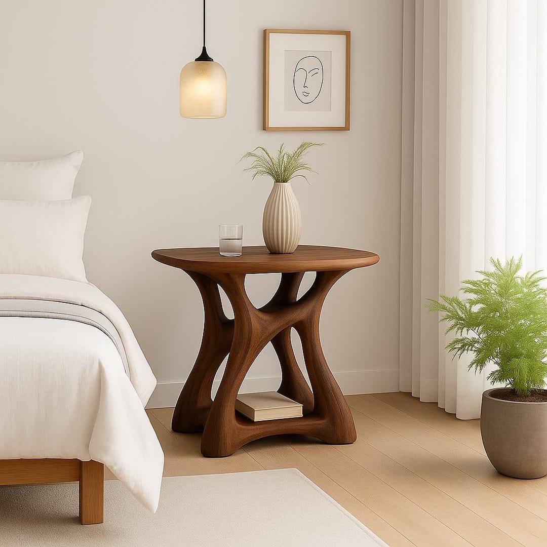 Solid Wood Sculptural Nightstand With Organic Carved Curves, Modern ...