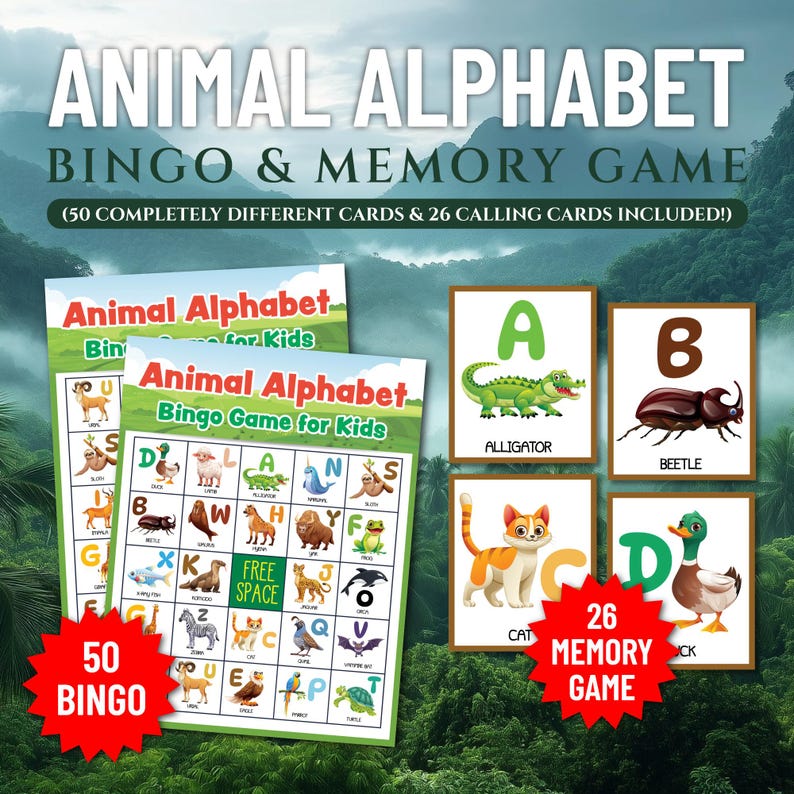 Animal Alphabet Bingo & Memory Game: Educational ABC Cards (printable ...