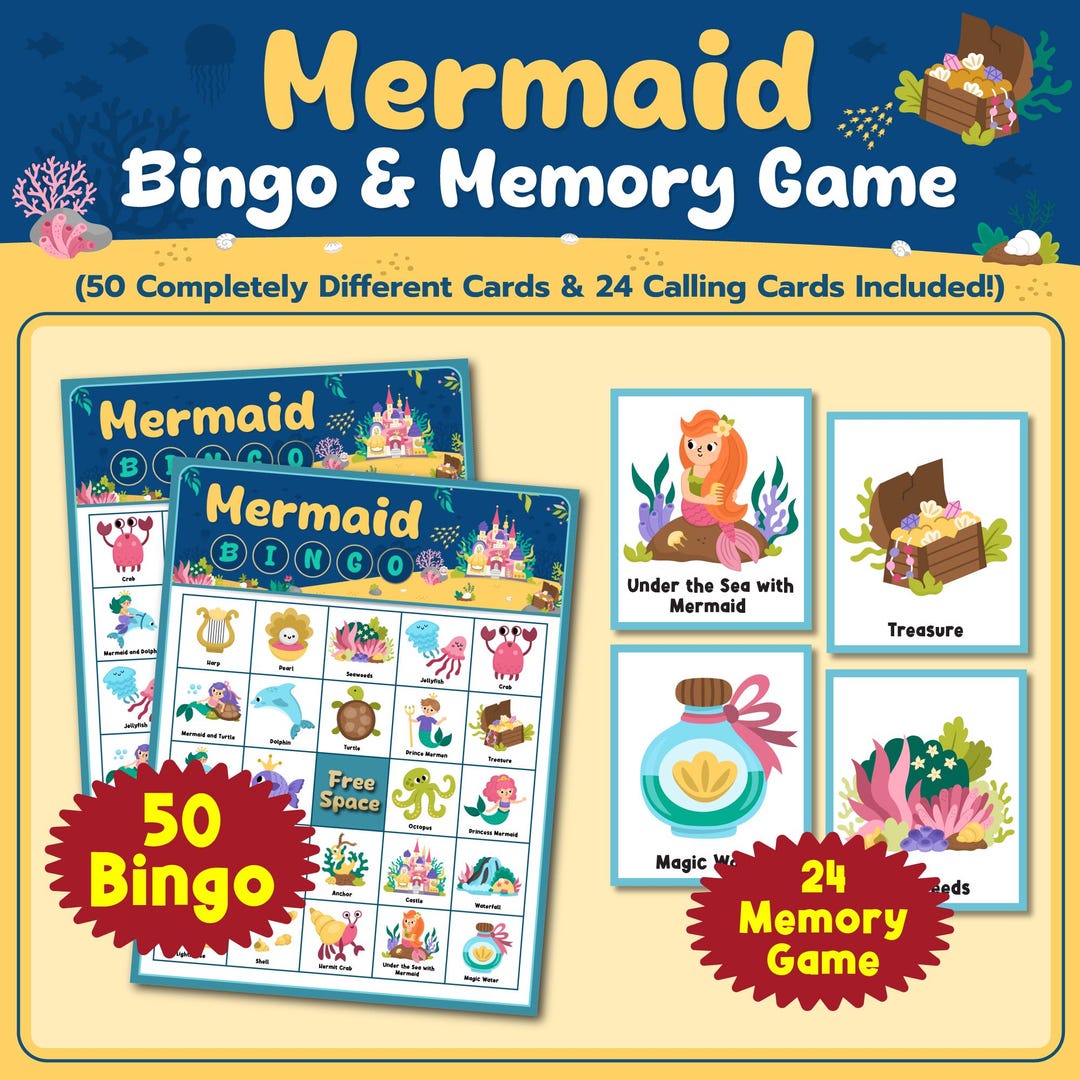 Mermaid Bingo & Memory Game, 2 in 1 Printable Game, 50 Printable ...