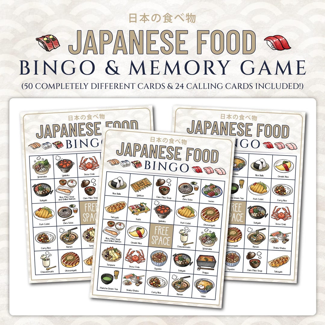 Japanese Food Bingo & Memory Game – 50 Unique Bingo Cards + 24 Calling ...