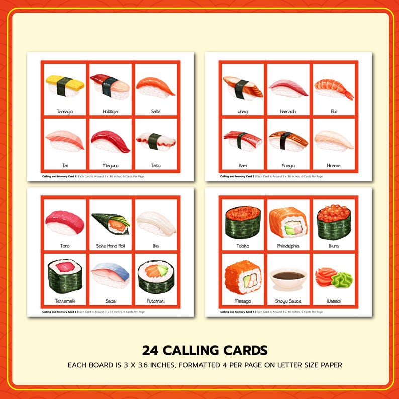Sushi Bingo & Memory Game: 50 Printable Cards (PDF) - Etsy Ireland