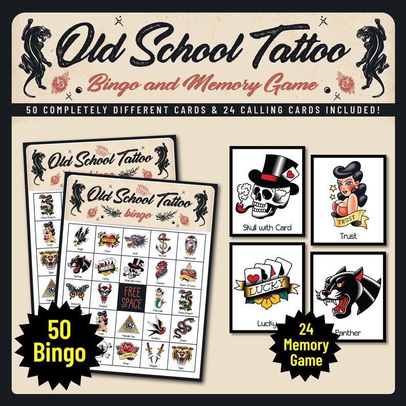 Old School Tattoo Bingo & Memory Game: Vintage Flash Printable (PDF ...