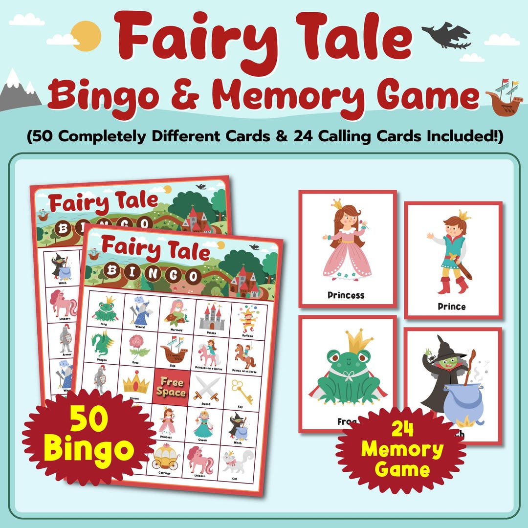 Fairy Tale Bingo & Memory Game, 2 in 1 Printable Game, 50 Printable ...