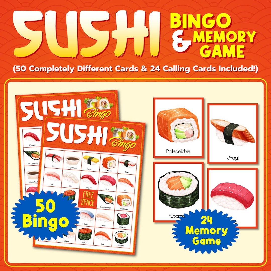 Sushi Set Bingo & Memory Game, 2 in 1 Printable Game, 50 Printable ...