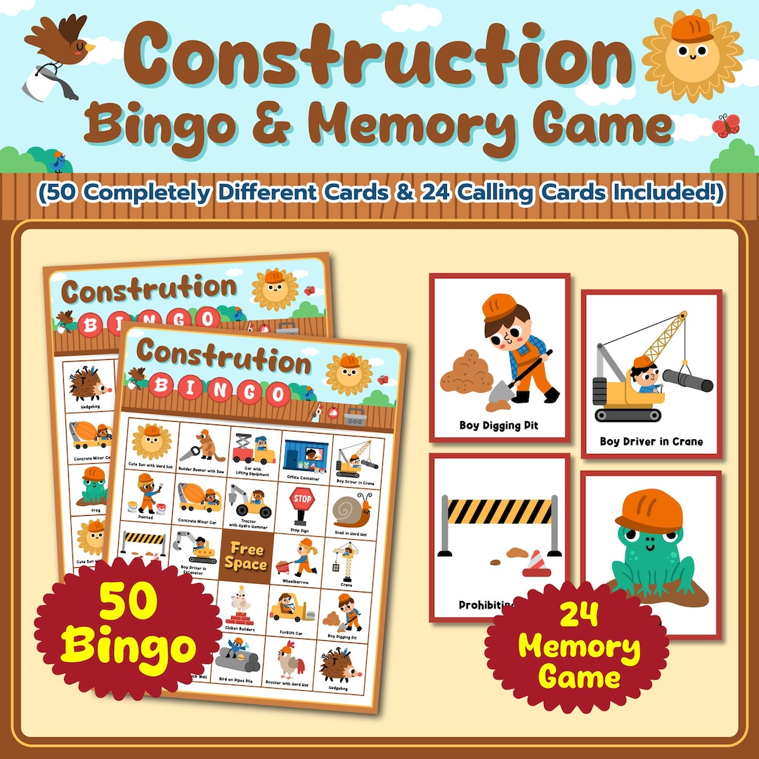 Construction Bingo & Memory Game, 2 in 1 Printable Game, 50 Printable ...