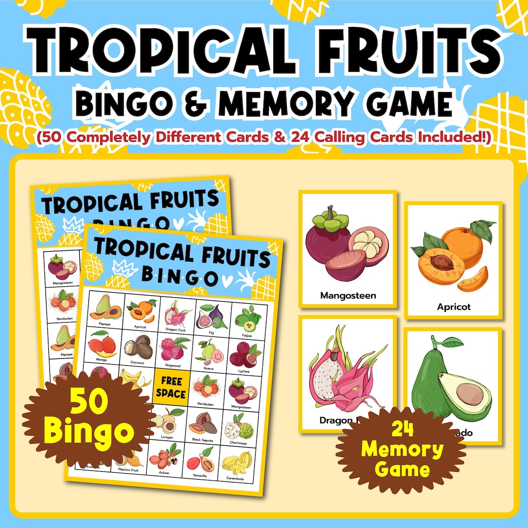 Tropical Fruits Bingo & Memory Game, 2 in 1 Printable Game, 50 ...