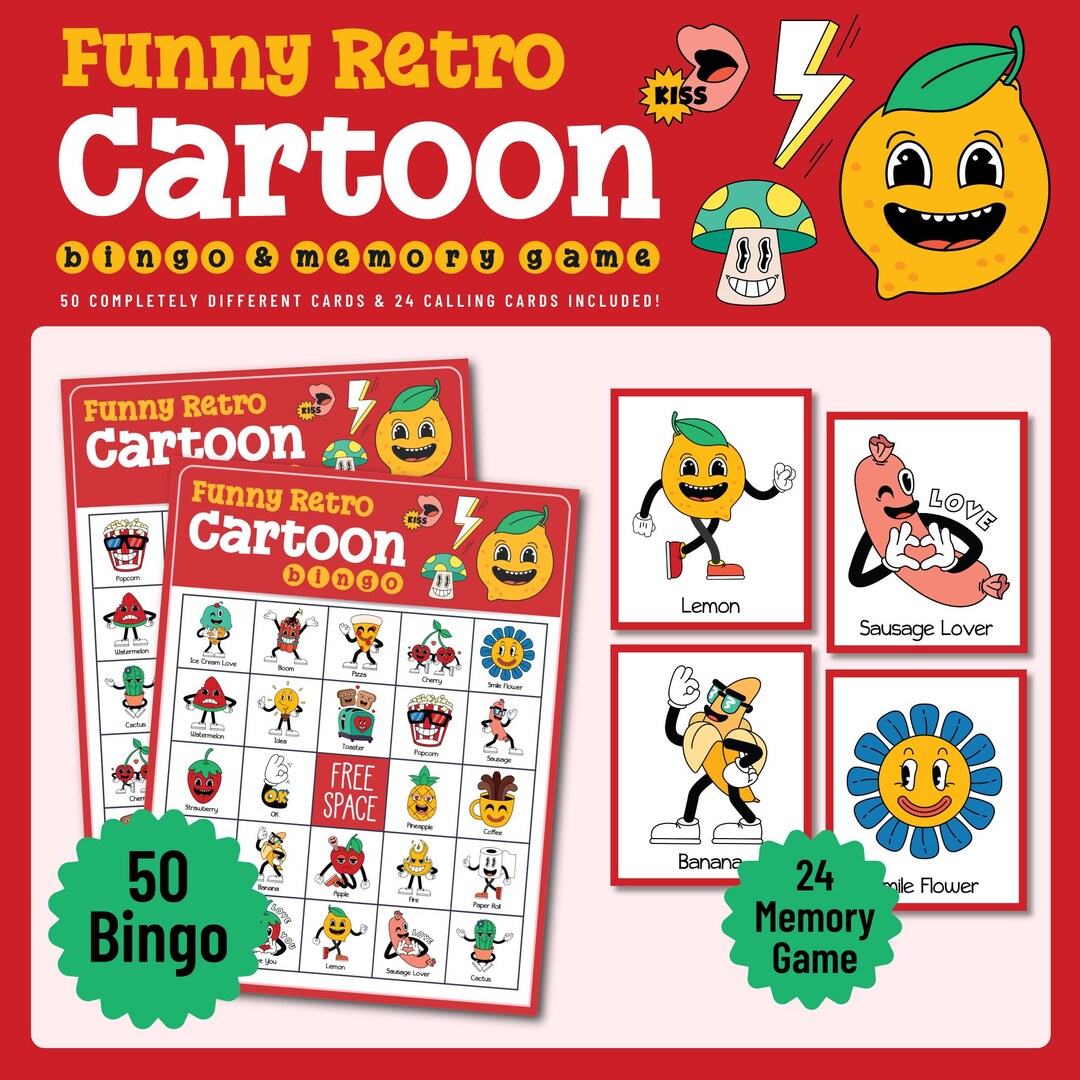 Retro Kawaii Cartoon Bingo & Memory Game: Printable Party Fun (PDF ...