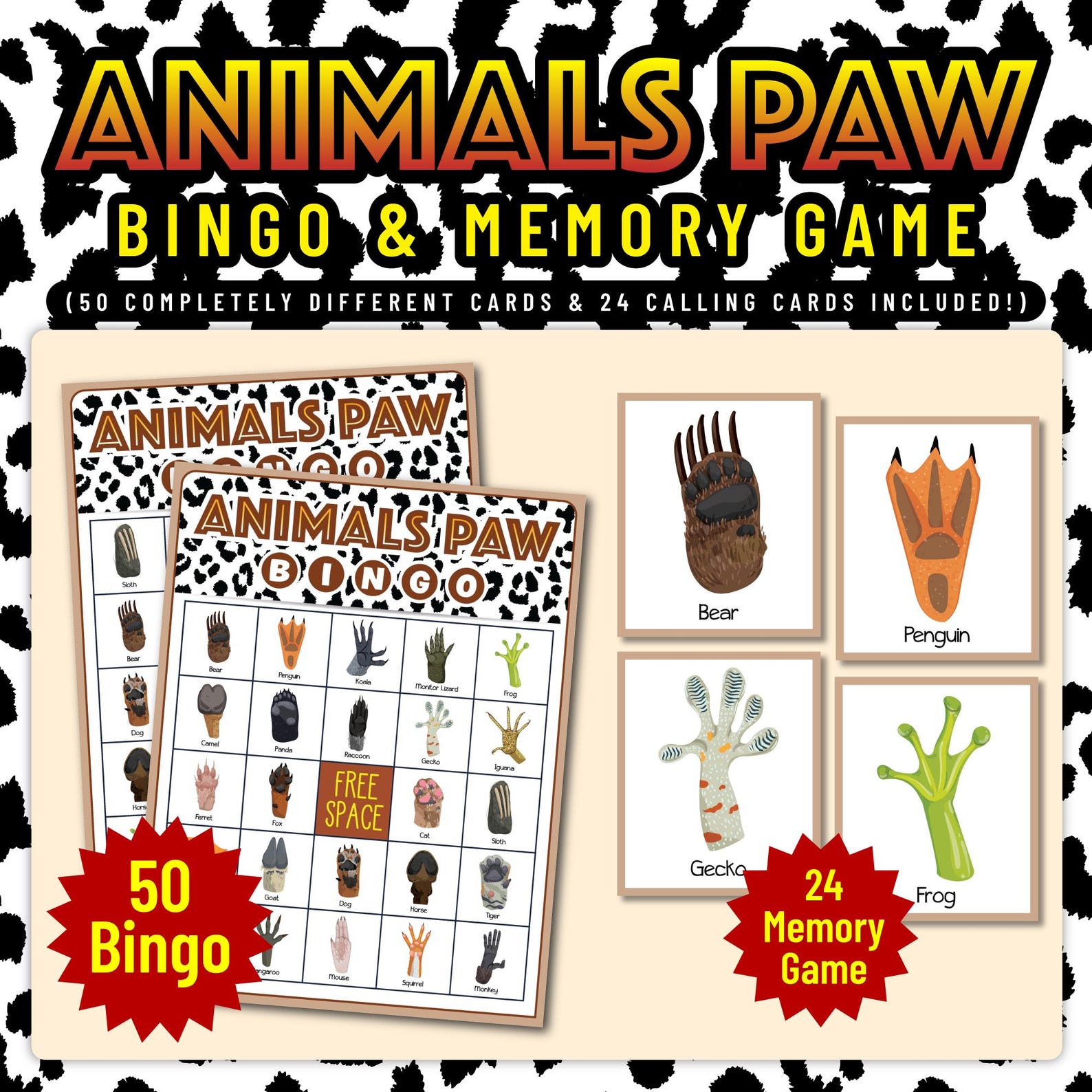 Animal Paw Bingo & Memory Game: Printable Kids Learning Activity (PDF ...
