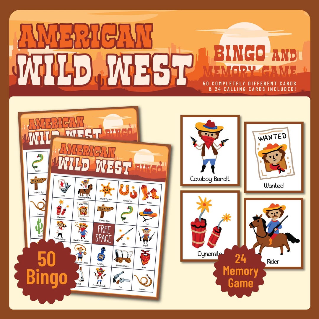 American Wild West Bingo Game – Printable Activity for Kids – Bingo & Memory Game Set – 50 Bingo ...