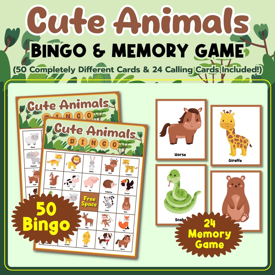 Cute Animals Bingo & Memory Game, 2 in 1 Printable Game, 50 Printable ...
