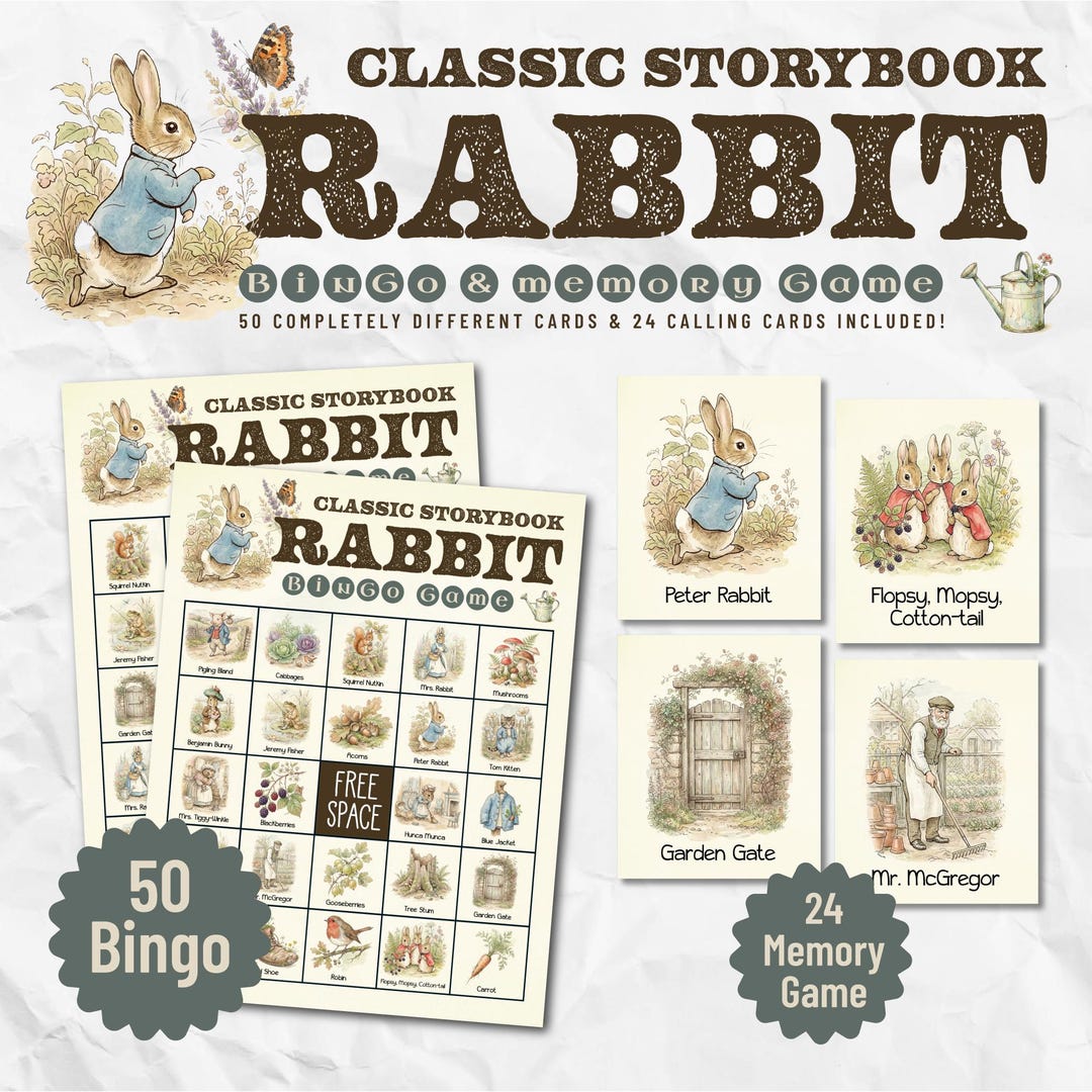 Vintage Rabbit Bingo Game, Watercolor Storybook Baby Shower (PDF ...