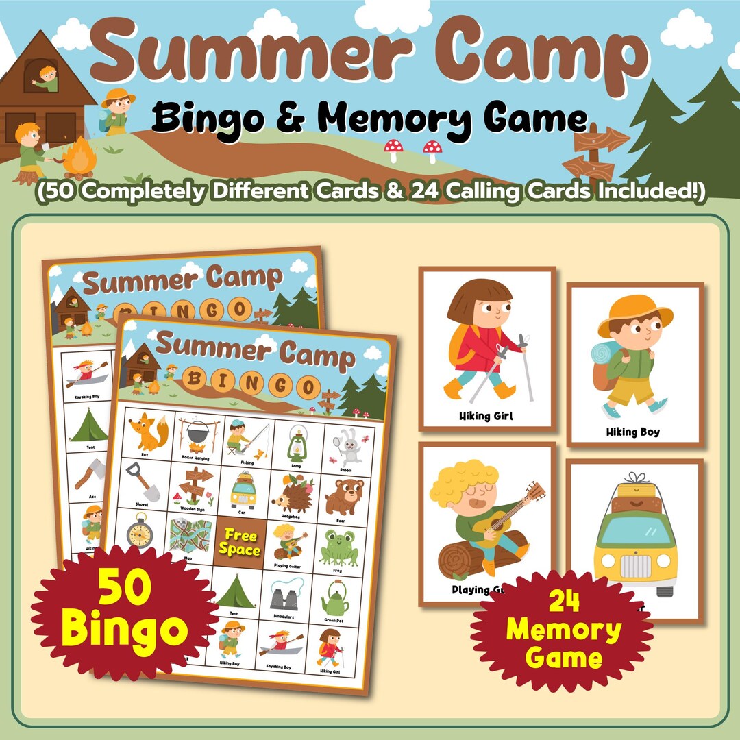 Summer Camp Bingo & Memory Game, 2 in 1 Printable Game, 50 Printable ...
