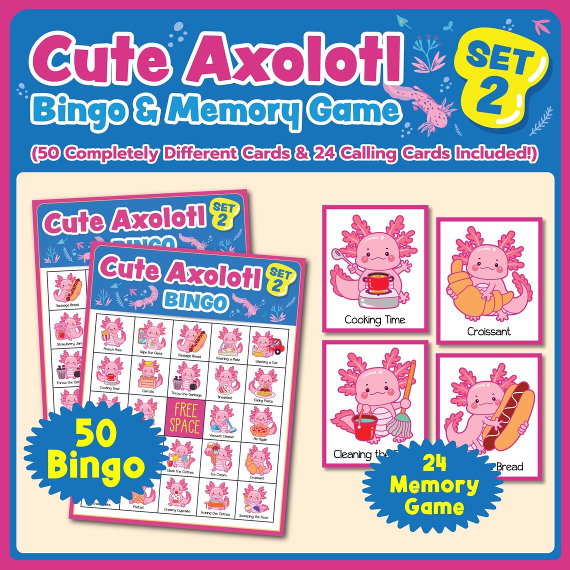Axolotl Bingo & Memory Game Set 2 – Kids Printable Activity (PDF) - Etsy