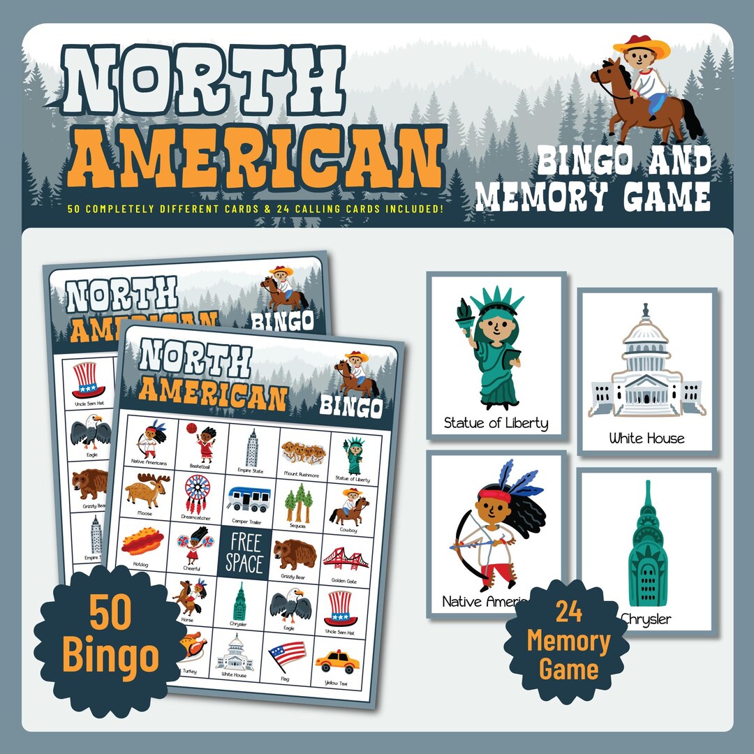 North American Bingo & Memory Game – Printable Activity for Kids – 50 ...