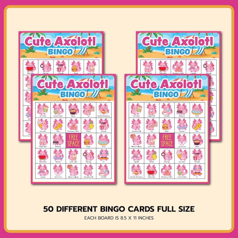 Cute Axolotl Bingo Printable Game | Axolotl Party Game for Kids ...