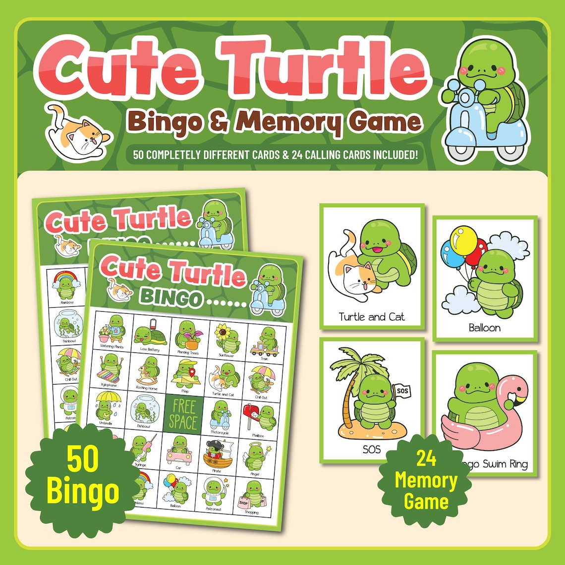 Turtle Bingo & Memory Game – Kids Printable Activity (PDF) - Etsy