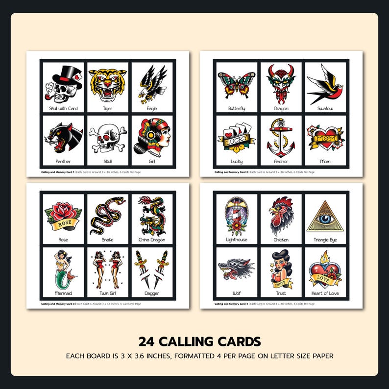 Old School Tattoo Bingo & Memory Game: Vintage Flash Printable (PDF ...
