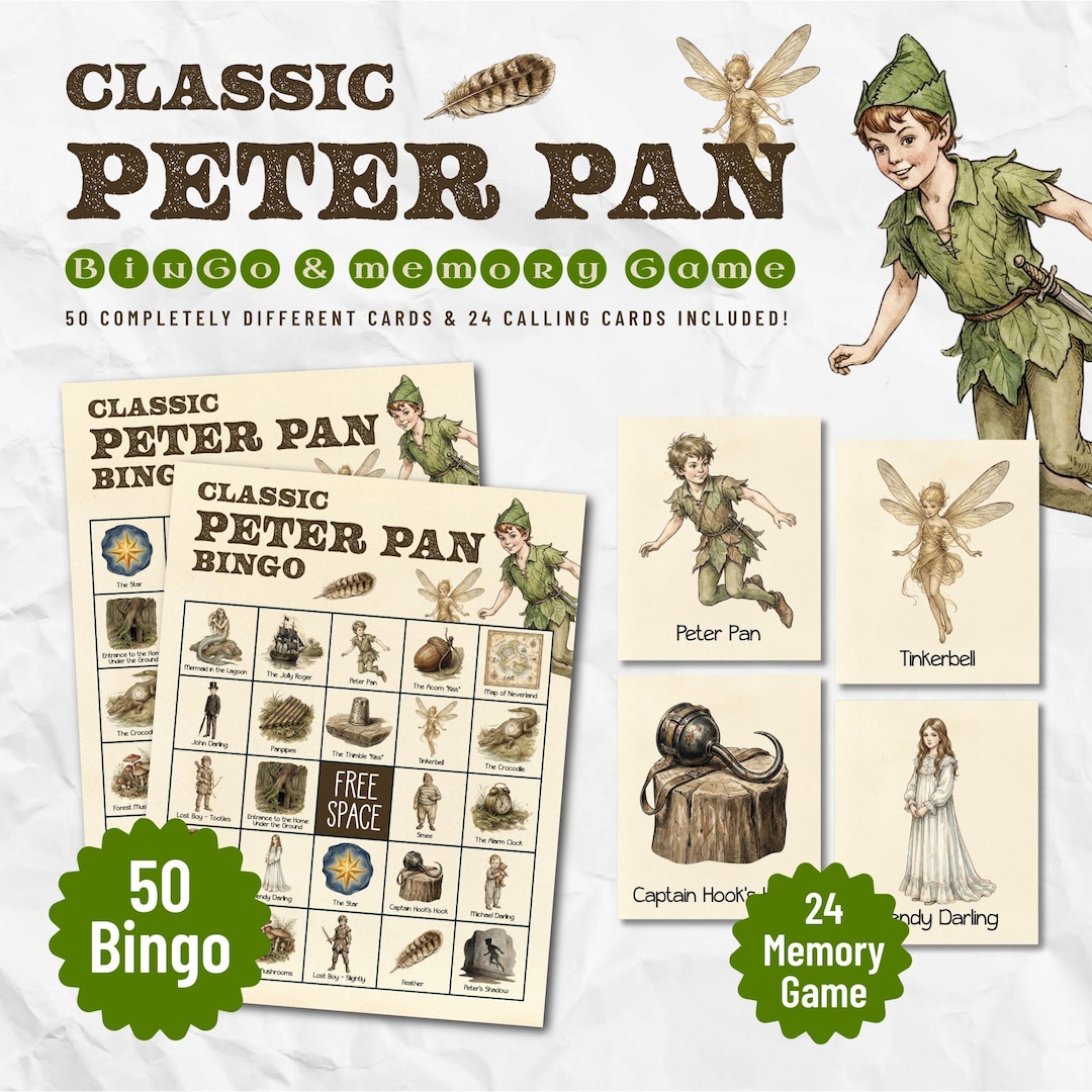 Vintage Peter Pan Bingo Game Printable. Classic Book Style. 50 Unique ...