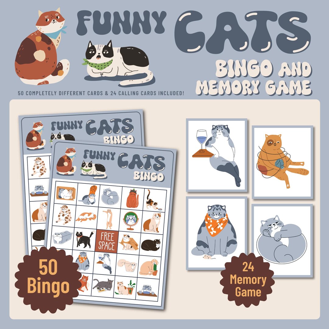 Funny Cats Bingo & Memory Game: Printable Feline Activity (PDF Download ...