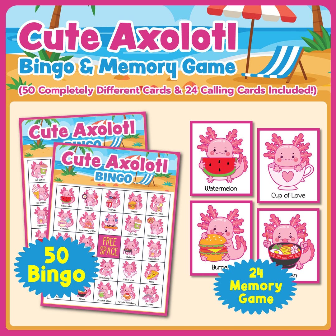Cute Axolotl Bingo Printable Game | Axolotl Party Game for Kids ...
