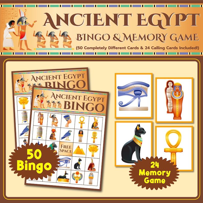Ancient Egypt Bingo & Memory Game, 2 in 1 Printable Game, 50 Printable ...