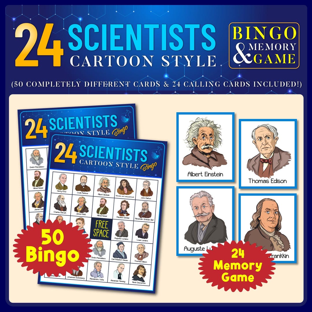24 Scientists Cartoon Style Bingo & Memory Game, 2 in 1 Printable Game ...