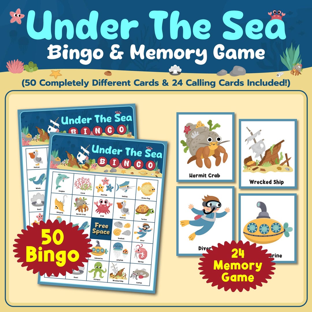 Under the Sea Bingo & Memory Game, 2 in 1 Printable Game, 50 Printable ...