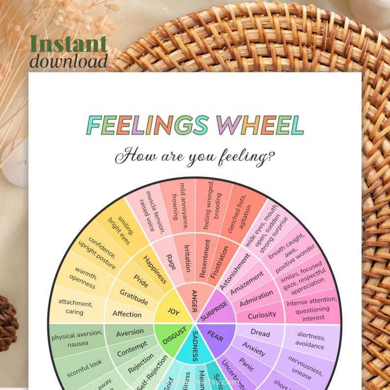 Feelings Wheel Printable | Emotions Chart Counseling Poster | Emotional ...