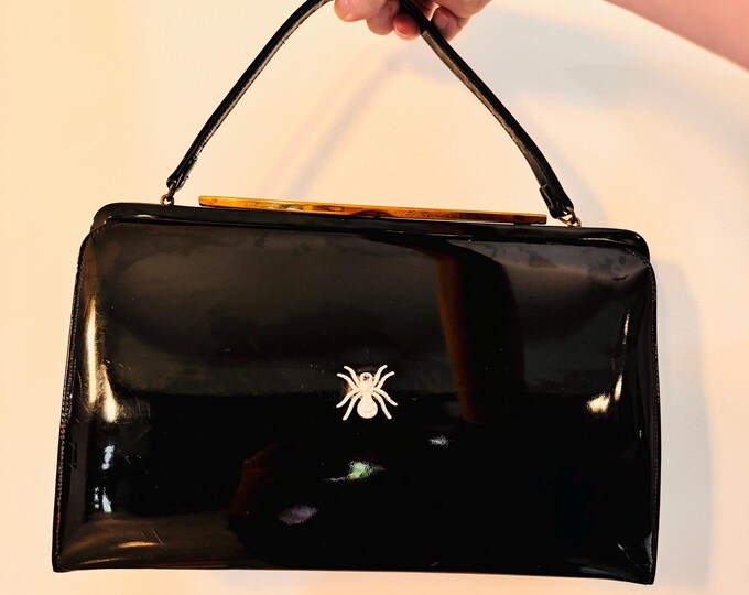Vintage Black Patent Leather Spider Purse Goth Handbag Upcycled Witchy ...
