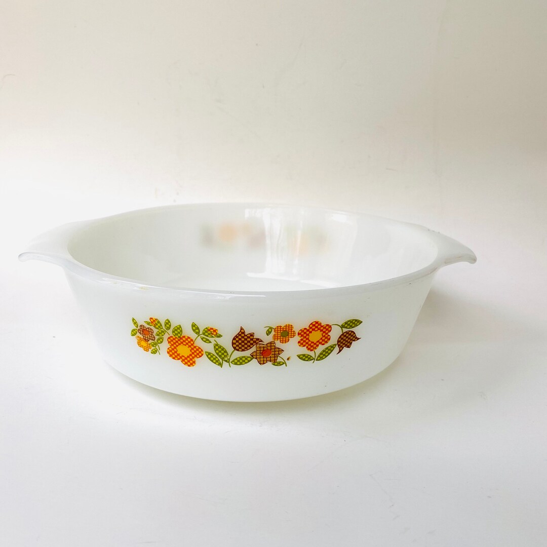 Vintage Fire King Casserole Dish White Round Dish Orange Flowers ...
