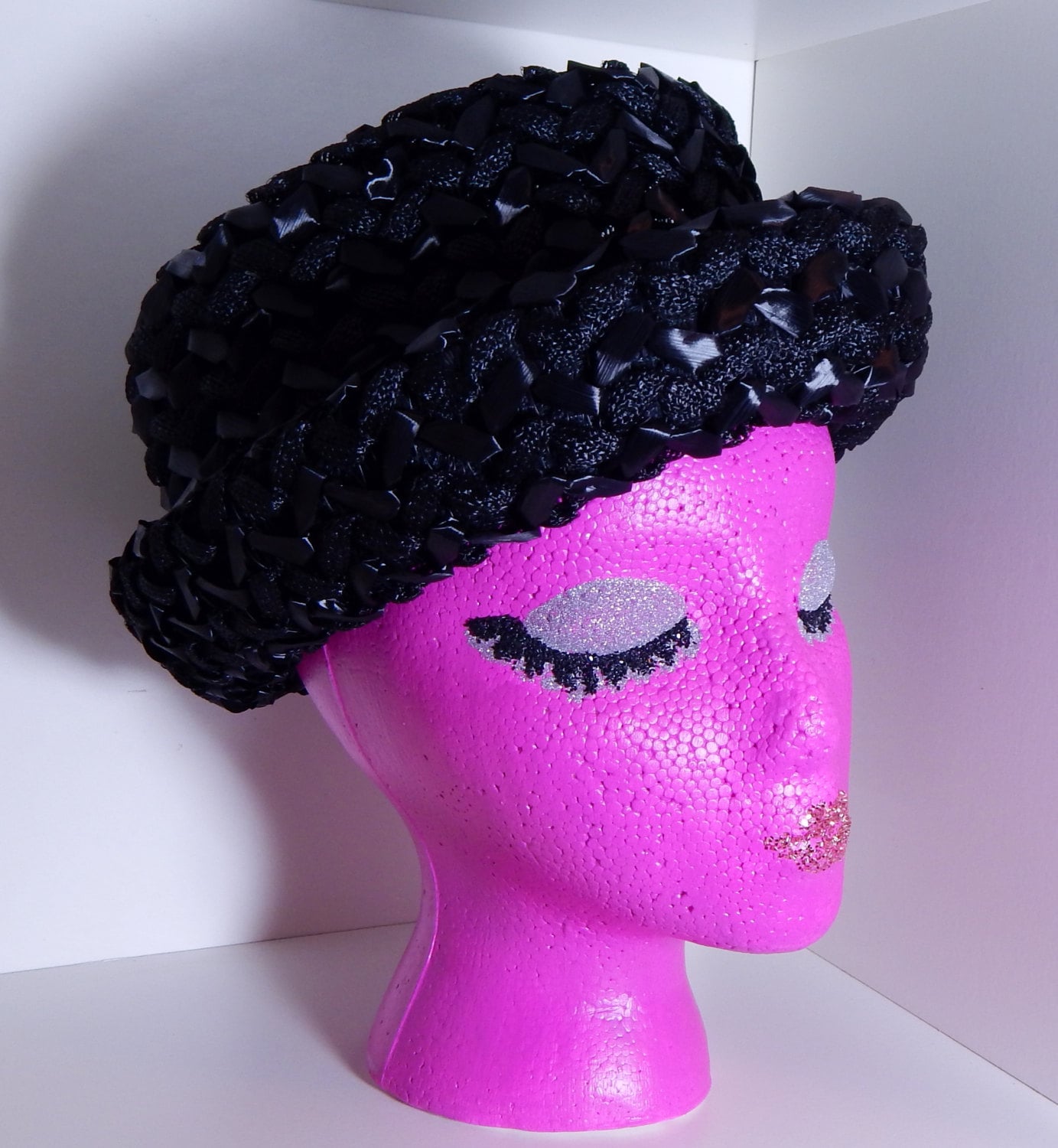 Vintage Black Ribbon Raffia Bowler Hat Mid Century Fashion - Etsy